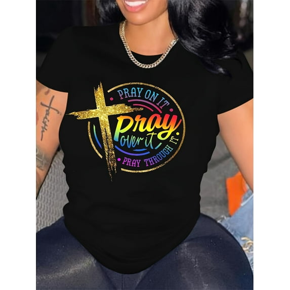 Cross & Colorful Letter Print T-Shirt, Casual Short Sleeve Top For ...