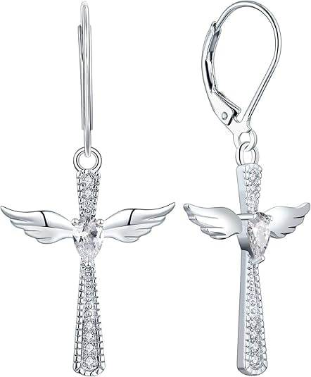 Cross Earrings 925 Sterling Silver Angel Wings Leverback Earrings ...