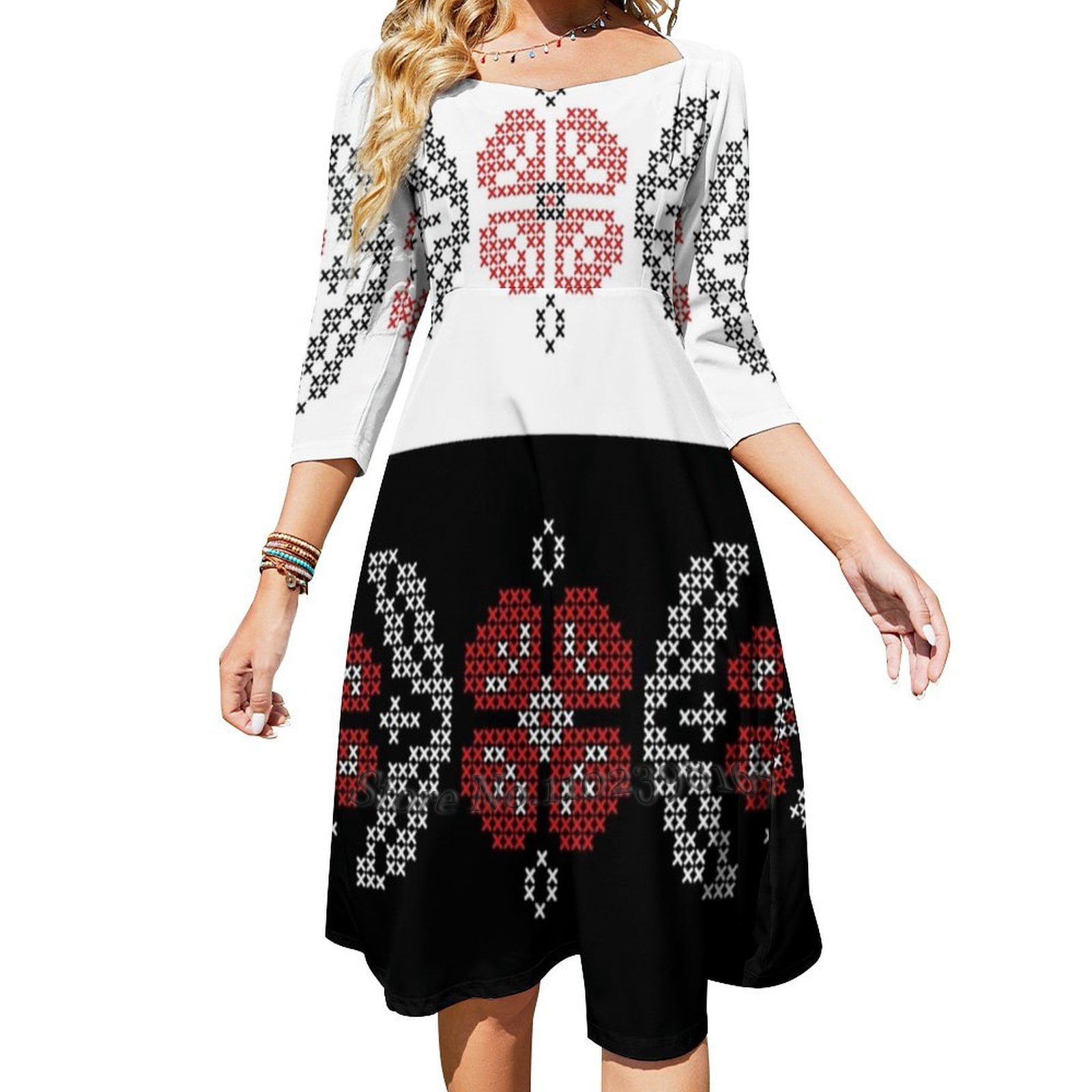 Cross-Embroidery In Folk Style 02 Sweetheart Knot Flared Dress Fashion ...