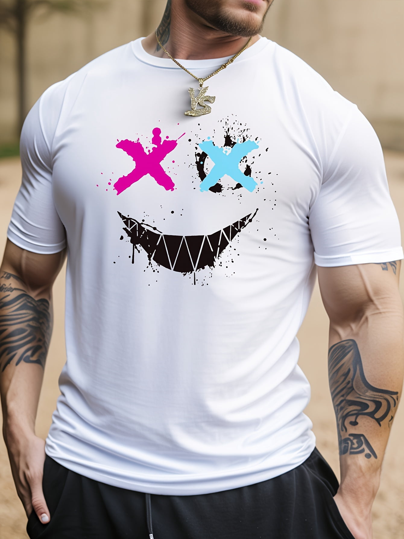 Cross Eyes Smile Face Print, Men's Graphic T-shirt, Casual Comfy Tees ...