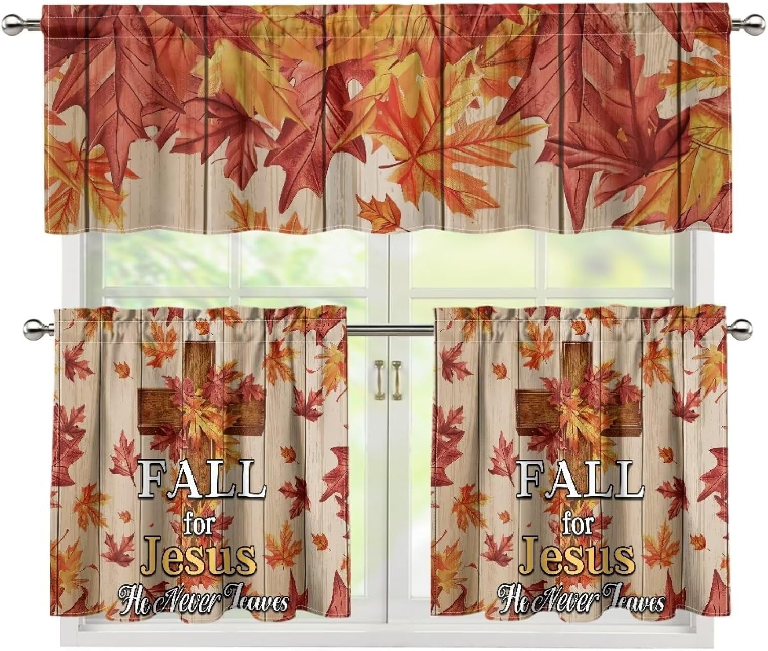 Cross Fall Leaves Kitchen Curtains Over Sink Rod Pocket Curtain Drapes ...