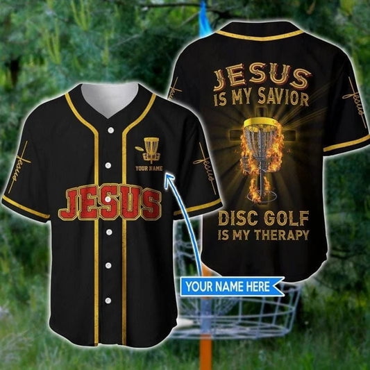 Cross Flame Baseball Jersey - Jesus Disc Golf Is My Therapy Custom ...