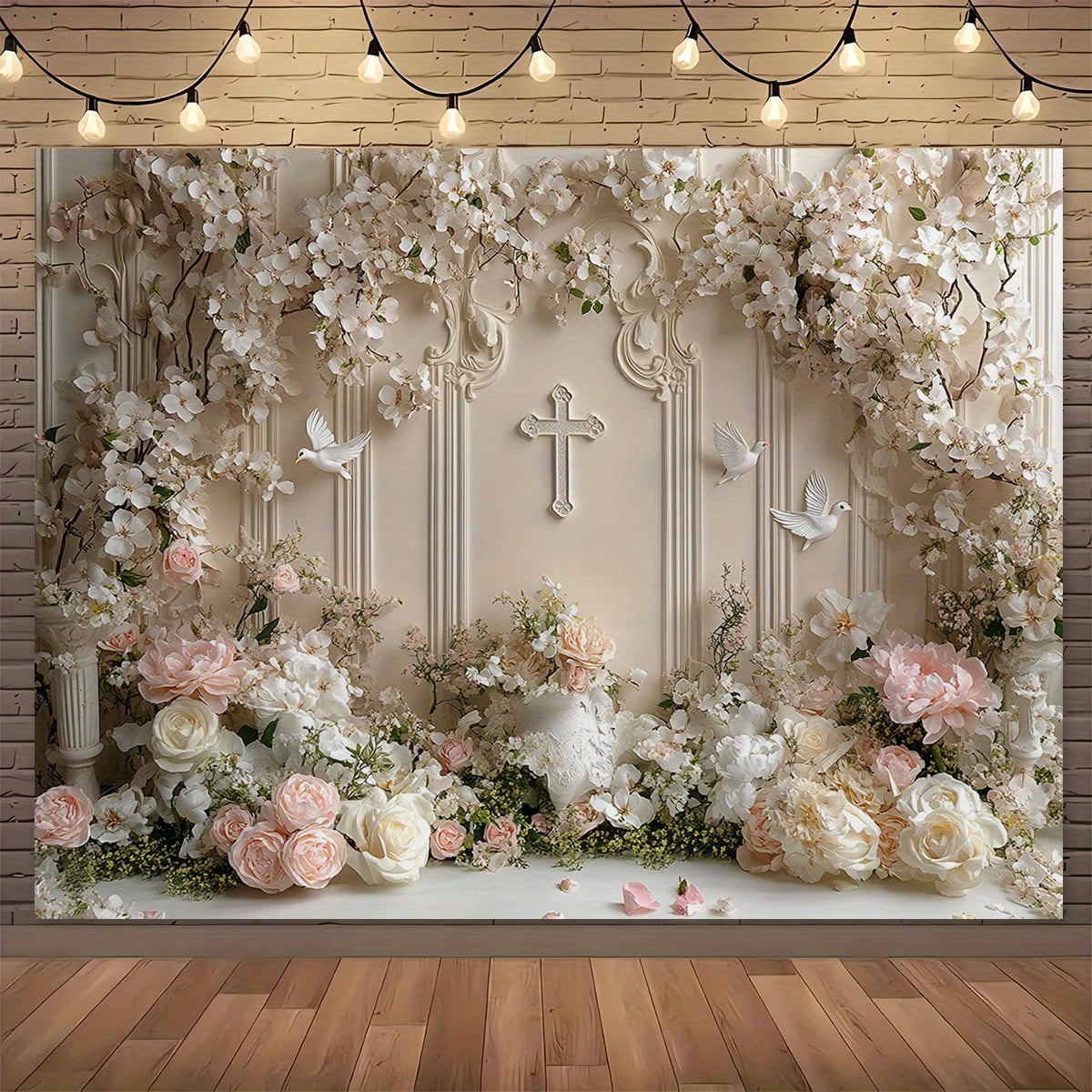 Cross and Floral Backdrop White Dove Flower Wall First Communion ...