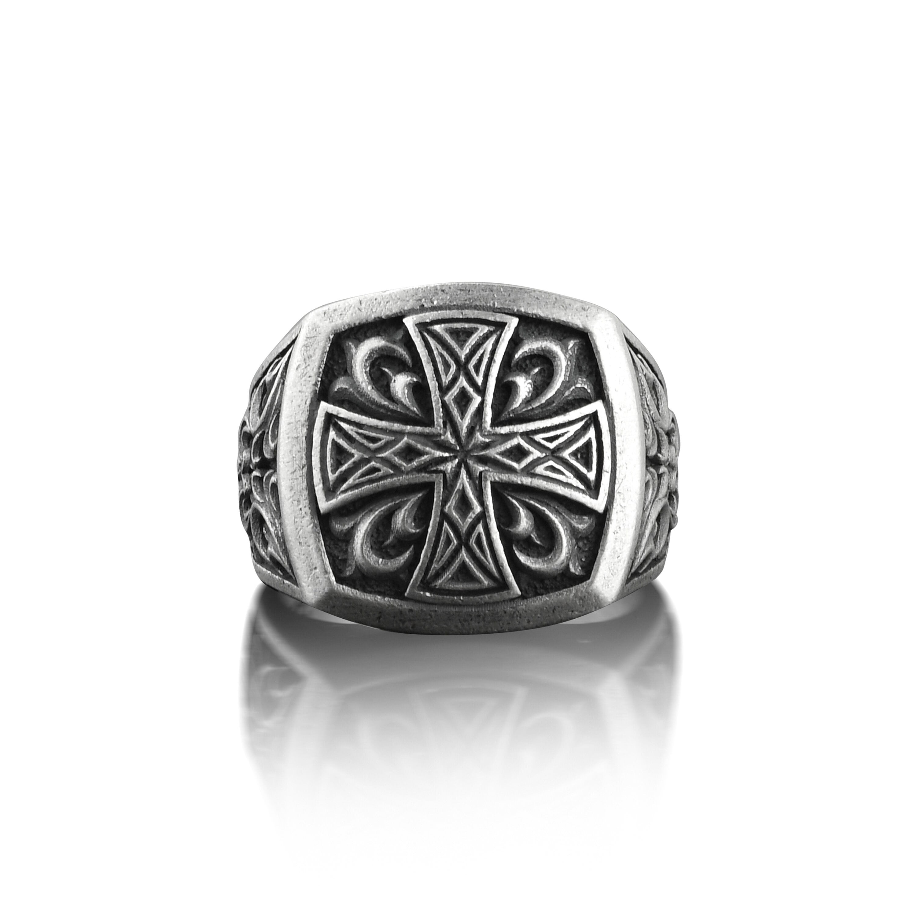 Cross Floral Mens Signet Ring, Maltese Cross Engraved Signet Ring For ...