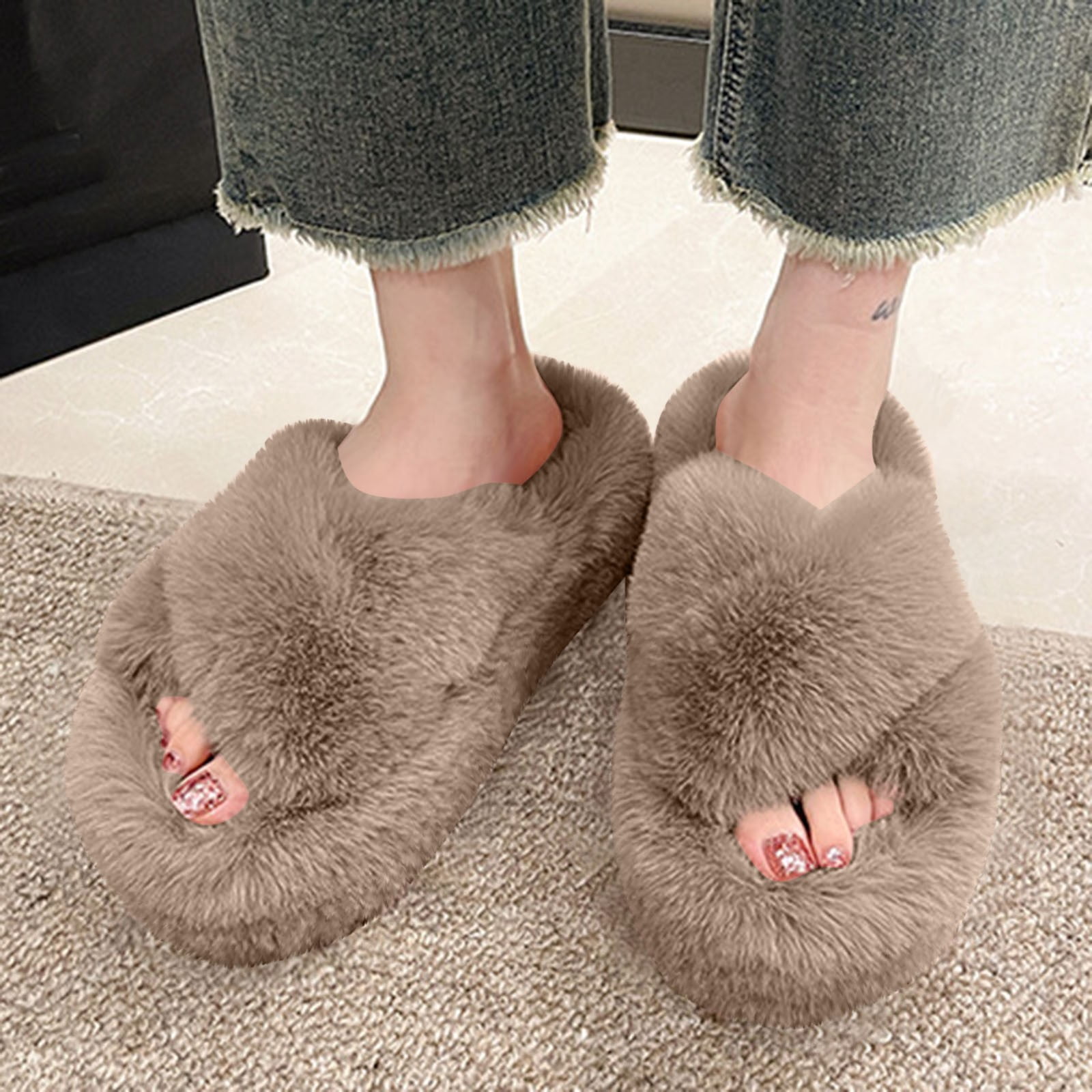 Cross Fluffy Front Women's Slippers Indoor House Slipper Fleece-Lined ...