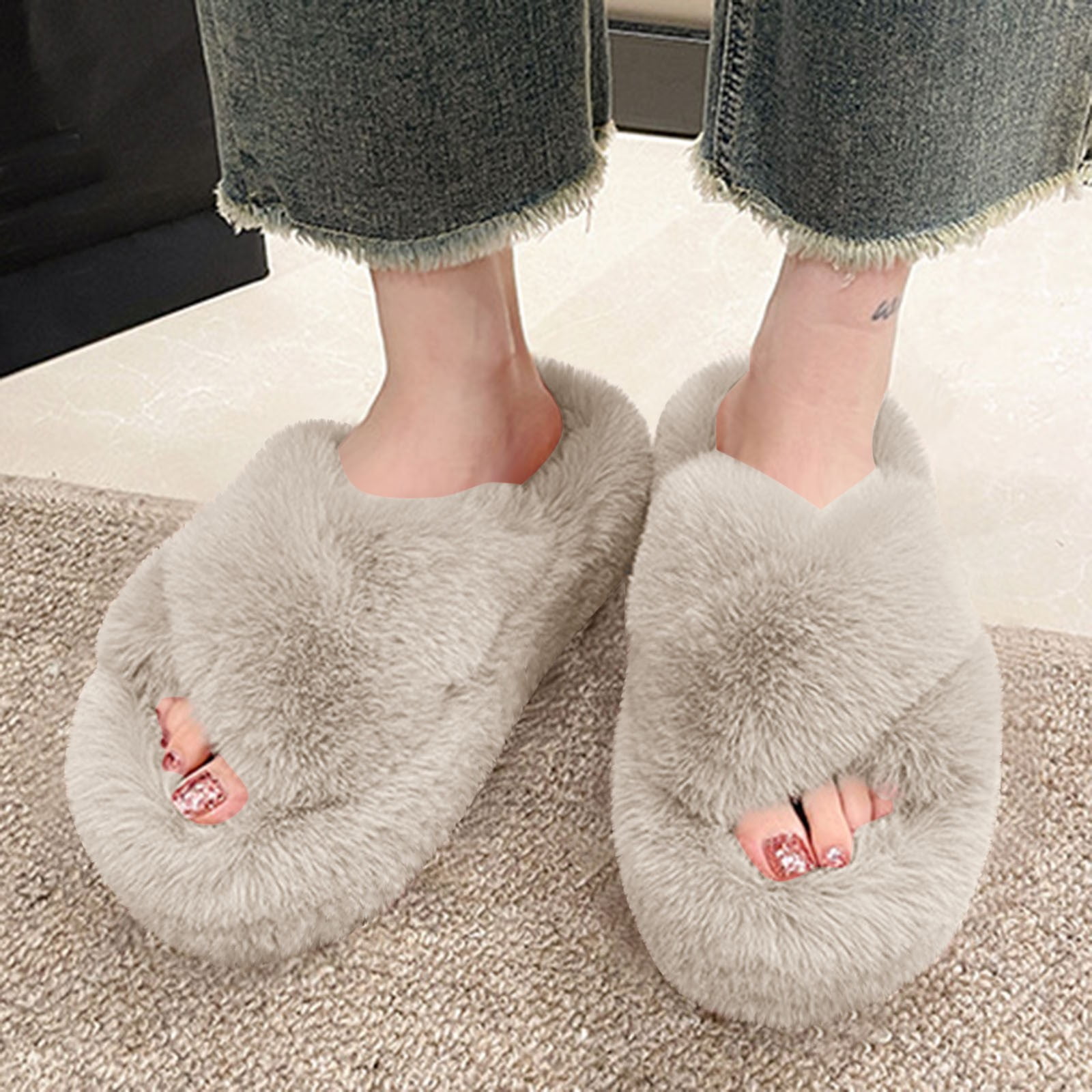 Cross Fluffy Front Women's Slippers Indoor House Slipper Fleece-Lined ...