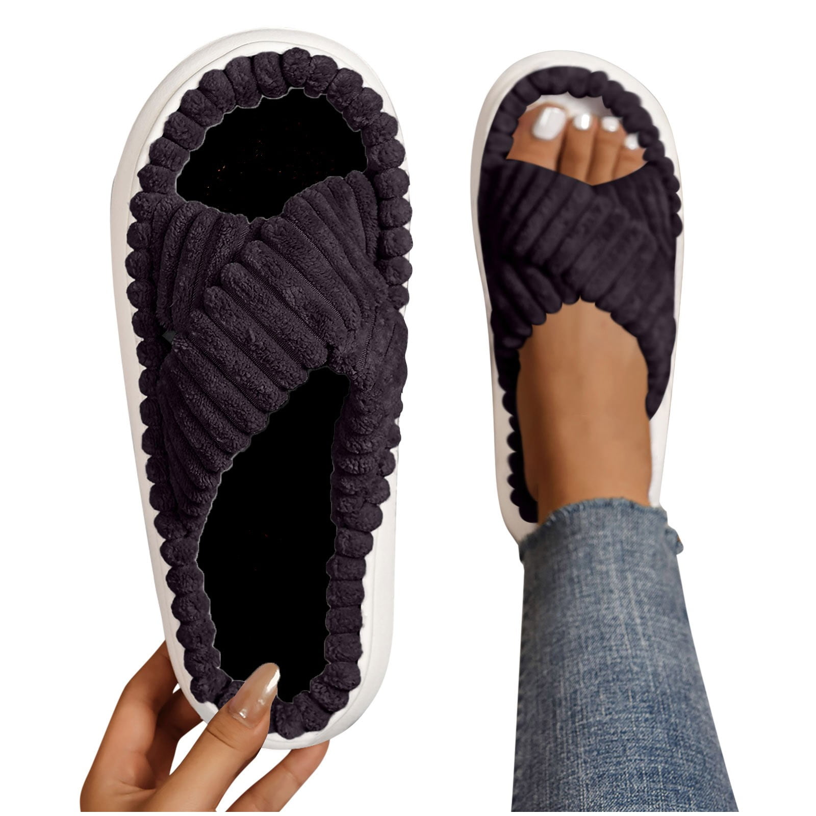 Cross Front Women's Slippers Winter Slip On Arch Support Warm Fleece ...