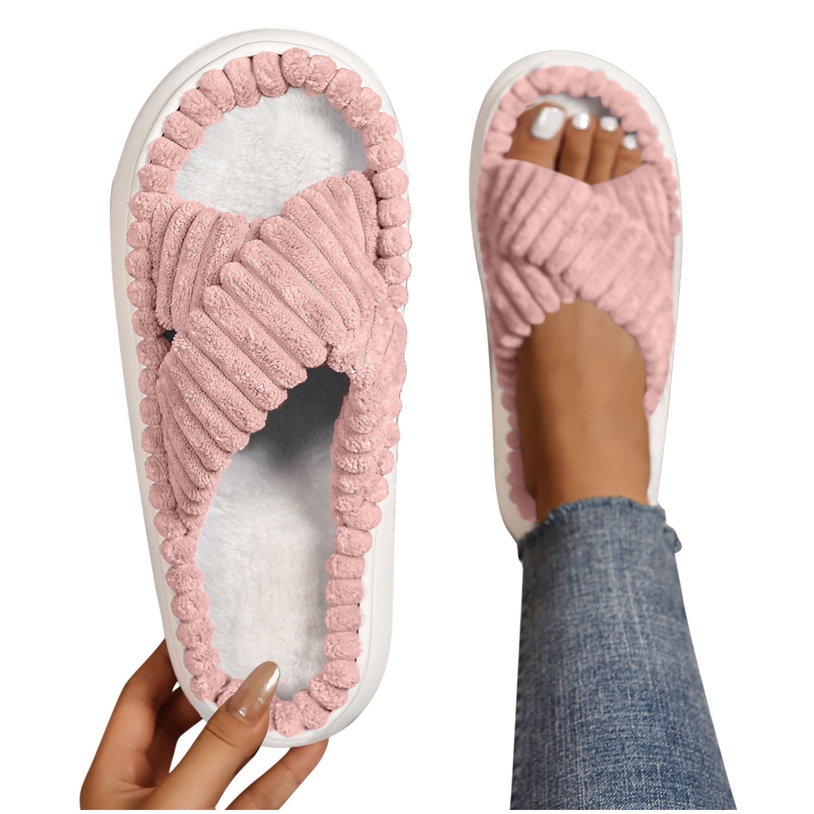 Cross Front Women's Slippers Winter Slip On Arch Support Warm Fleece ...