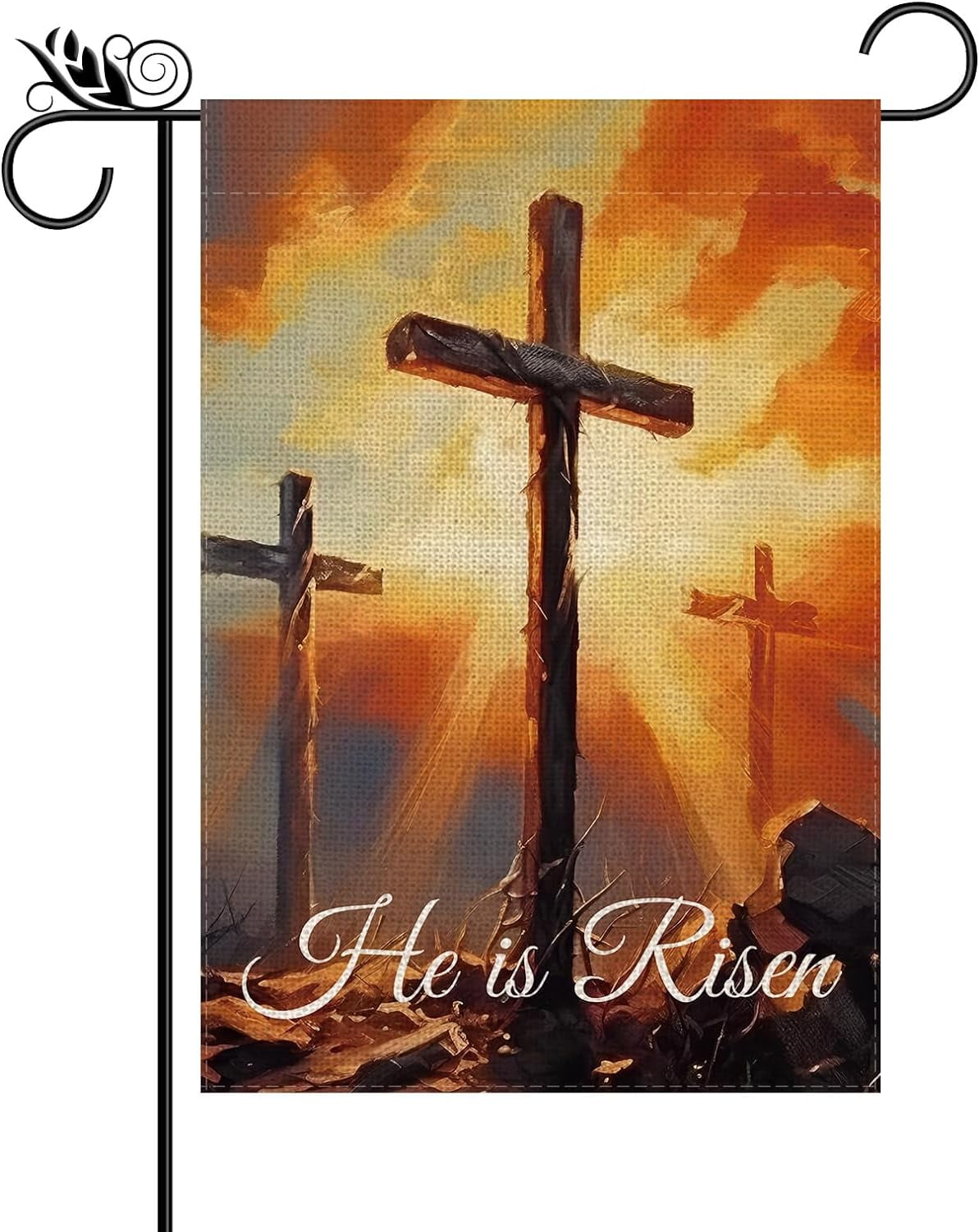 Cross Garden Flag He Is Risen Religious Cross Christian Burlap Double ...