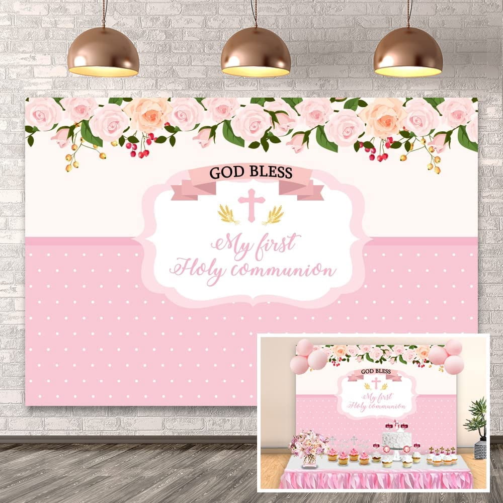Cross God Bless Photography Background Pink Baby Girl My First Holy ...