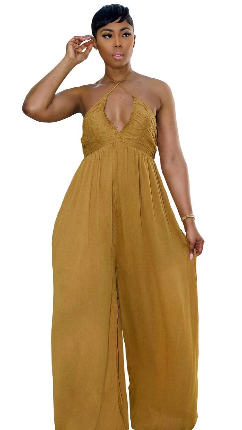 Cross Halter Neck Wide Leg Jumpsuit (L, CreamBeige) - Walmart.com
