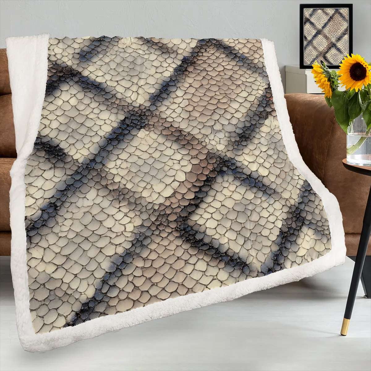 Cross Hatched Snakeskin Texture Sherpa Blanket Throw Blanket For Bed ...