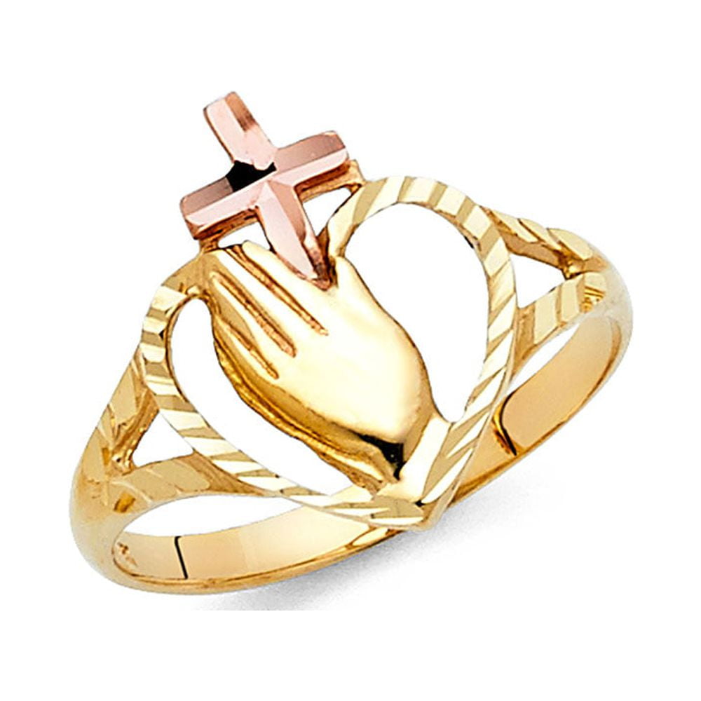 Cross Heart Praying Hands Ring 14k Yellow Rose Gold Religious Band ...