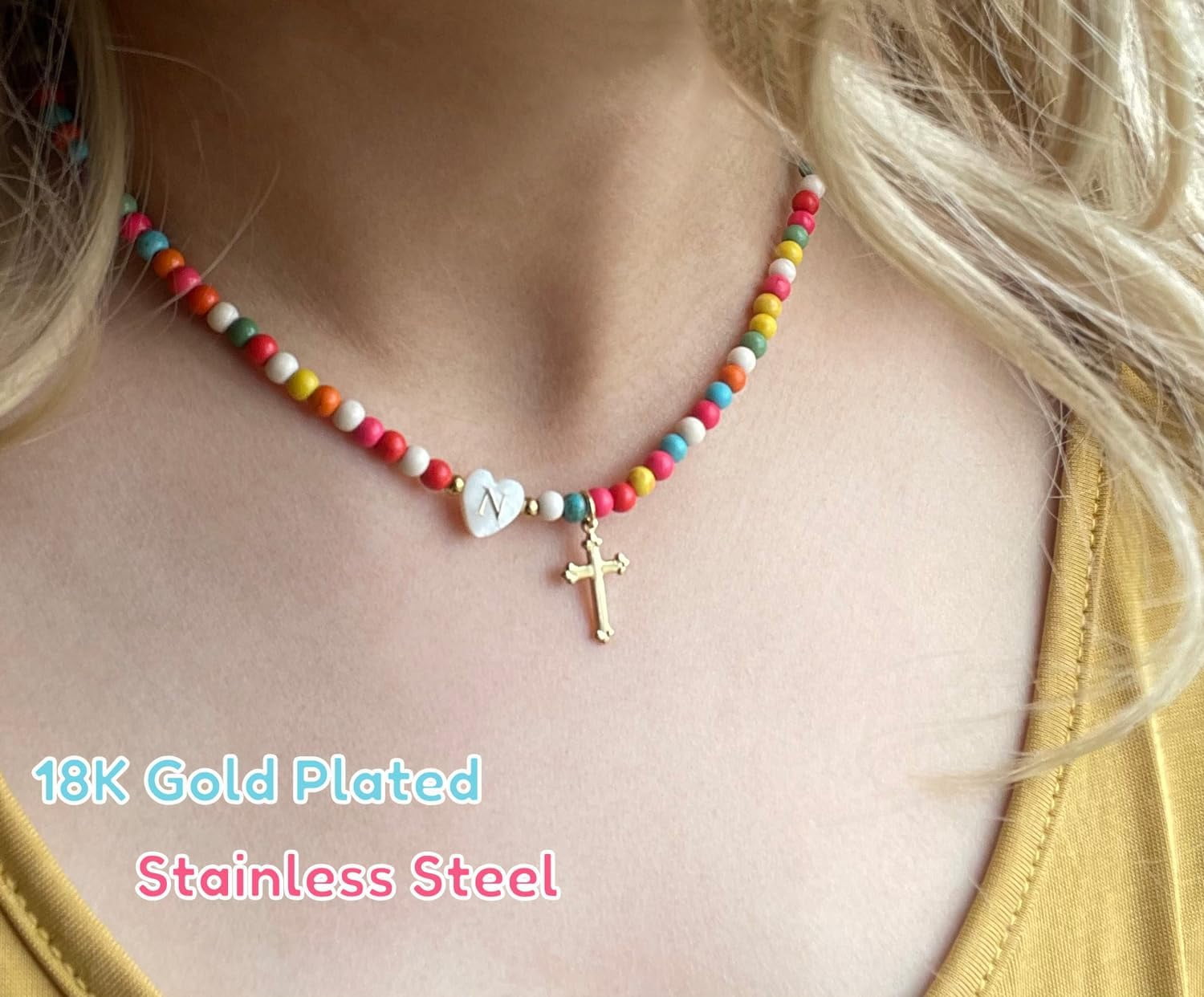 Cross Initial Heart Necklace Stainless Steel 18K Gold Cross Colorful ...