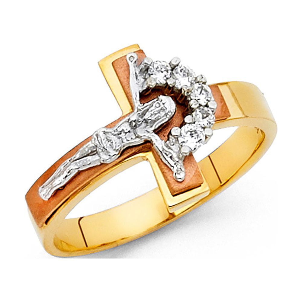 Cross Jesus Ring CZ Solid 14k Yellow White Rose Gold Crucifix Band Halo ...