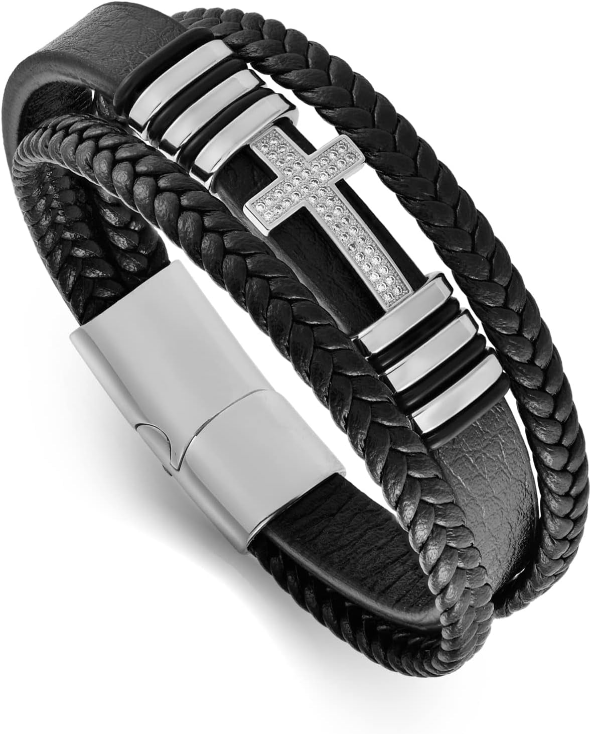 Cross Leather Bracelet for Men Women 316L Stainless Steel Christ Jesus ...