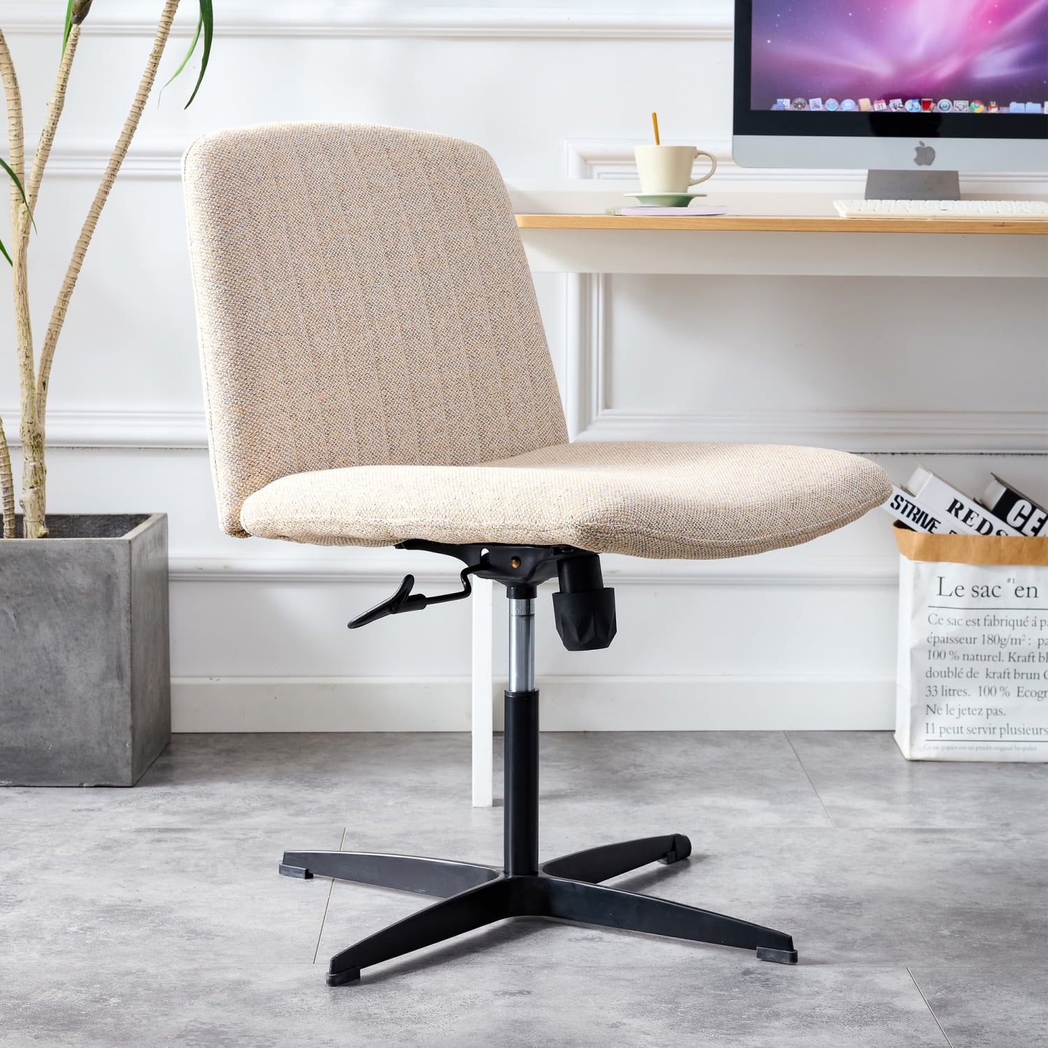 Cross Legged Office Chair No Wheels, Linen Fabric Criss Cross Desk ...