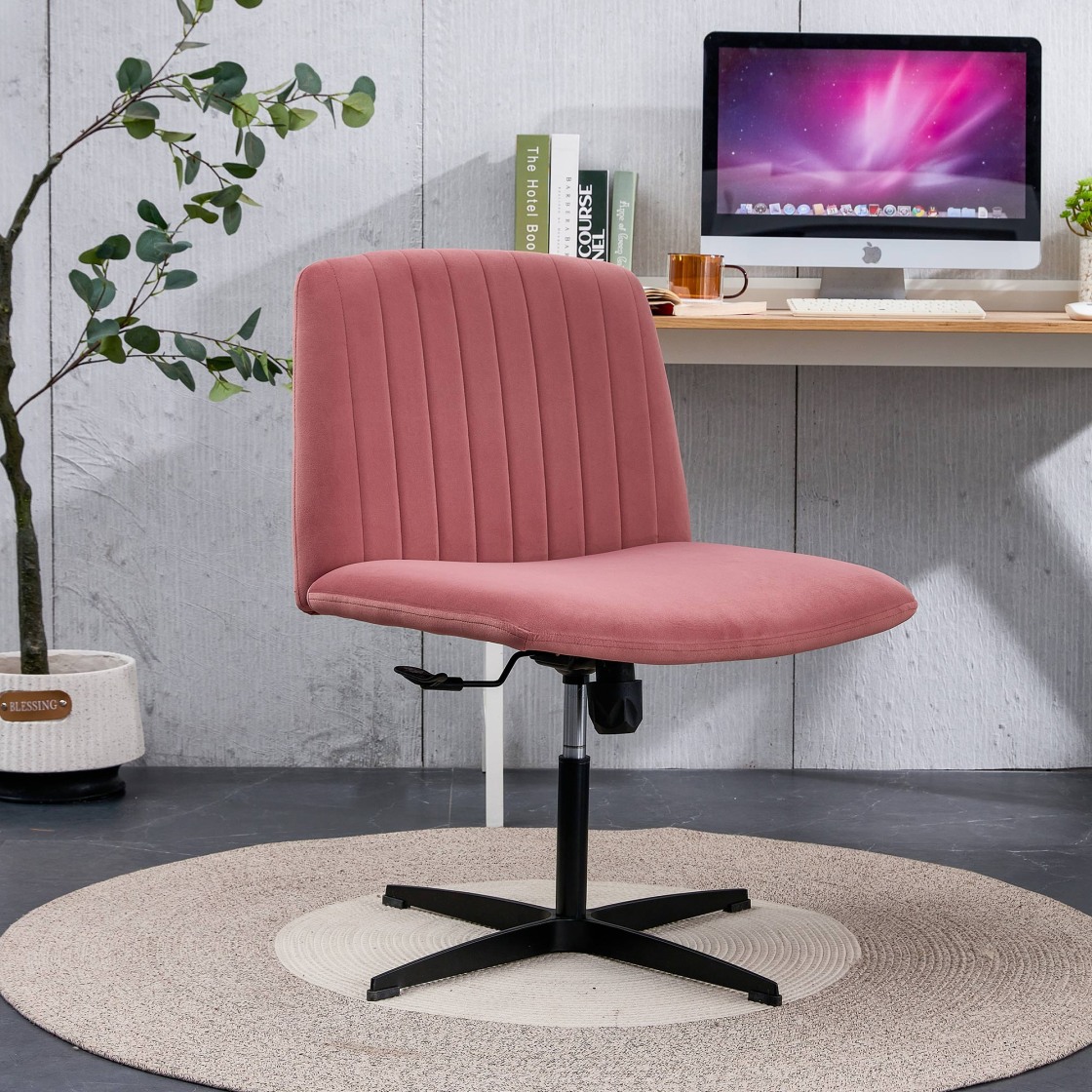 Cross Legged Office Chair No Wheels, Velvet Criss Cross Desk Chair Wide ...