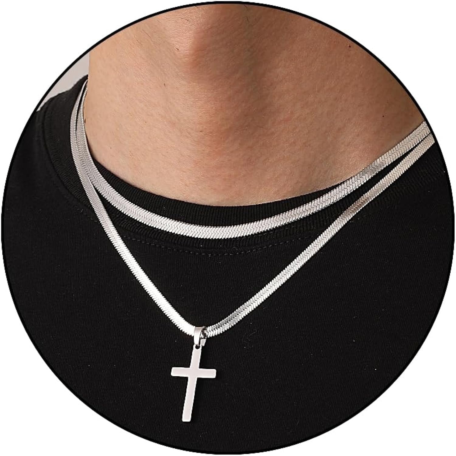 Cross Necklace for Men Women Stainless Steel Layered Herringbone Chain Cross Pendant 4mm 5mm Double Chains Christian Religious Jewelry Gifts for Him