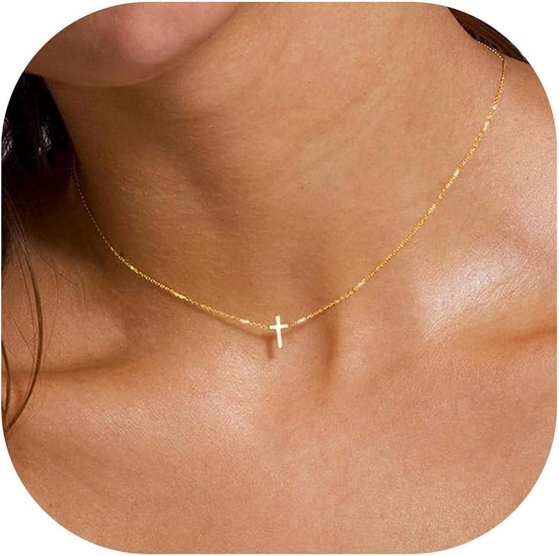 Cross Necklace for Women，14K Gold Plated Cross Necklace Layered Gold Cross Necklace Tiny Sideway ...