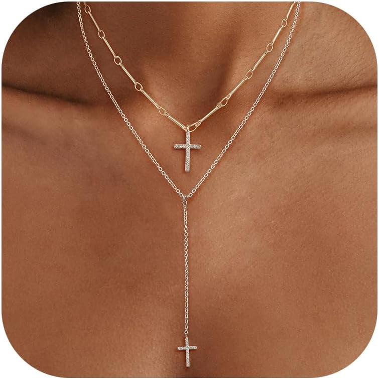Cross Necklace for Women, 14k Gold Plated Long Cross Pendant Necklace ...