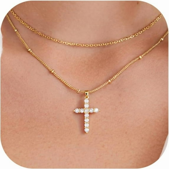 Cross Necklace for Women, Dainty 14K Gold Plated Cubic Zirconia Layered ...
