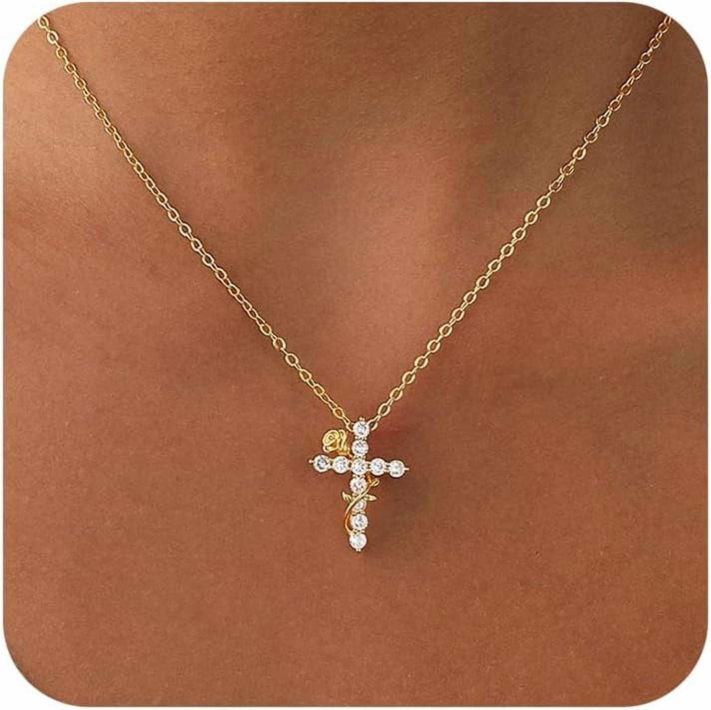 Cross Necklace for Women Dainty Gold Plated O-Link Chain with CZ Heart ...