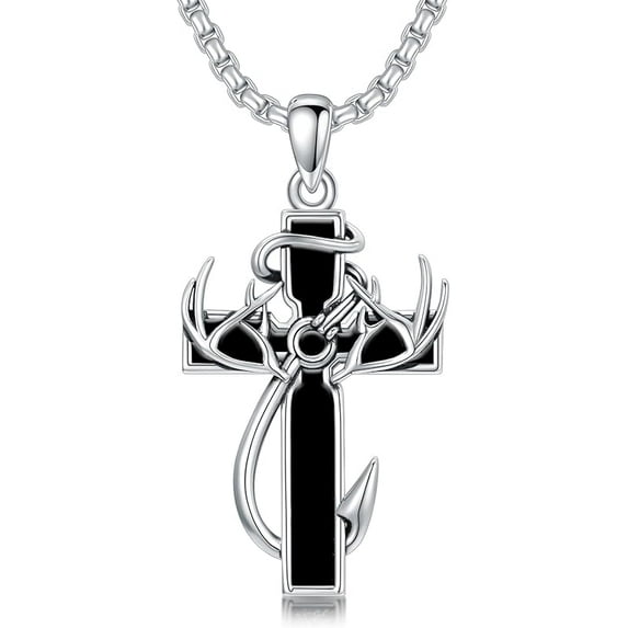 Cross Necklace for Men - 925 Sterling Silver Cross Deer Antler Fish ...
