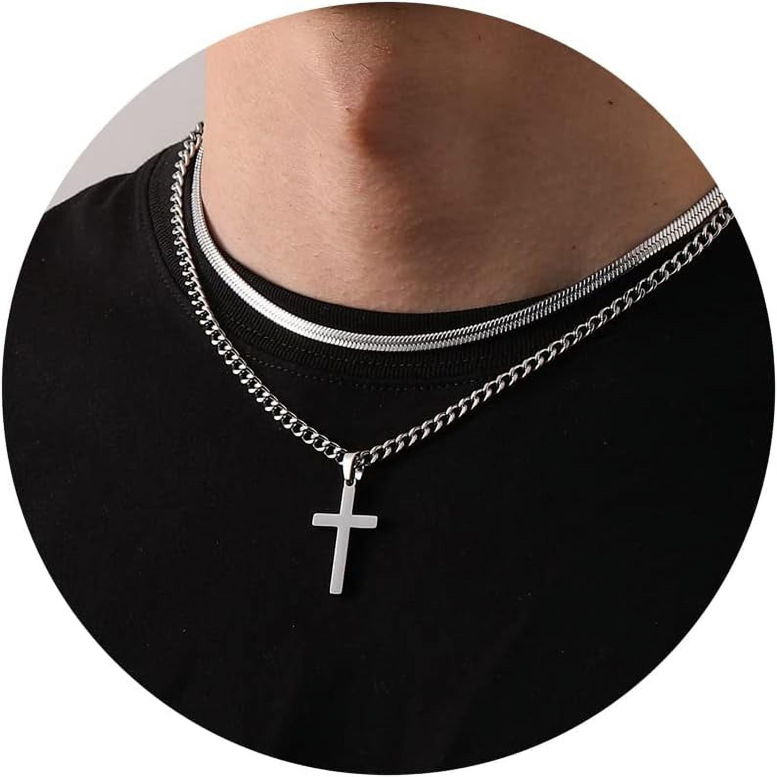 Cross Necklace for Men Stainless Steel Layered Cuban Link Herringbone ...