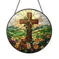 Cross Pathway Stained Glass Suncatcher, Round Window Panel with Sunset ...