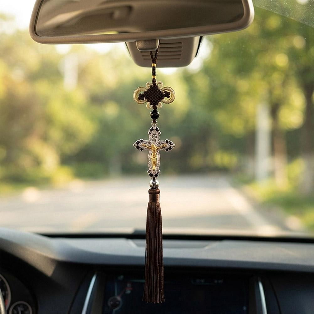 Cross Pendant Car Rearview Mirror Ornament, Gold-Tone Alloy Crucifix ...