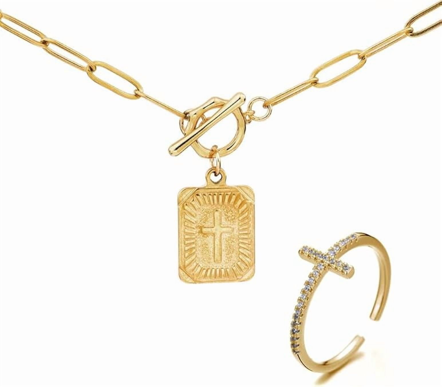Cross Pendant Paperclip Chain Necklace Ring Set,14K Gold Plated Toggle ...