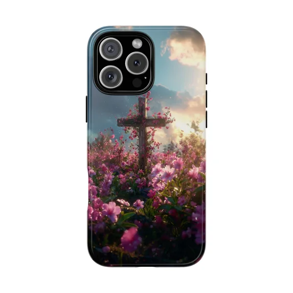 Cross Pink Flowers Sunrise Bloom Art Case for iPhone 17 to 11 Pro Max ...