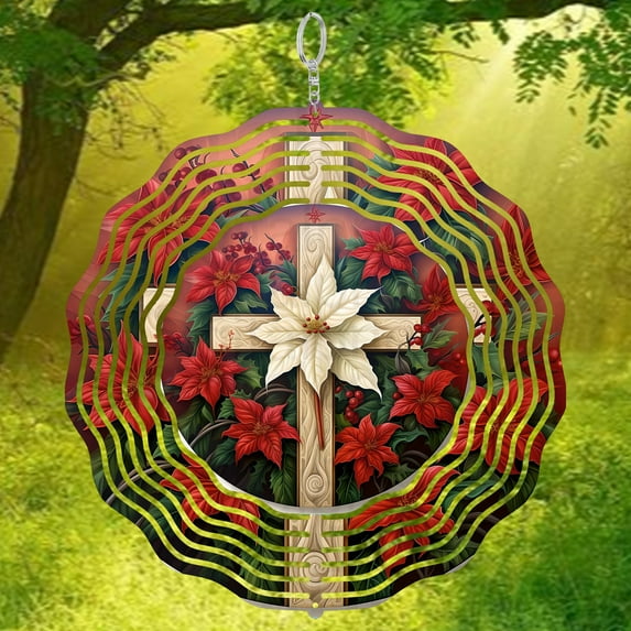 Cross Poinsettia Christmas Holy 3D Wind Spinner Stainless Steel Kinetic ...
