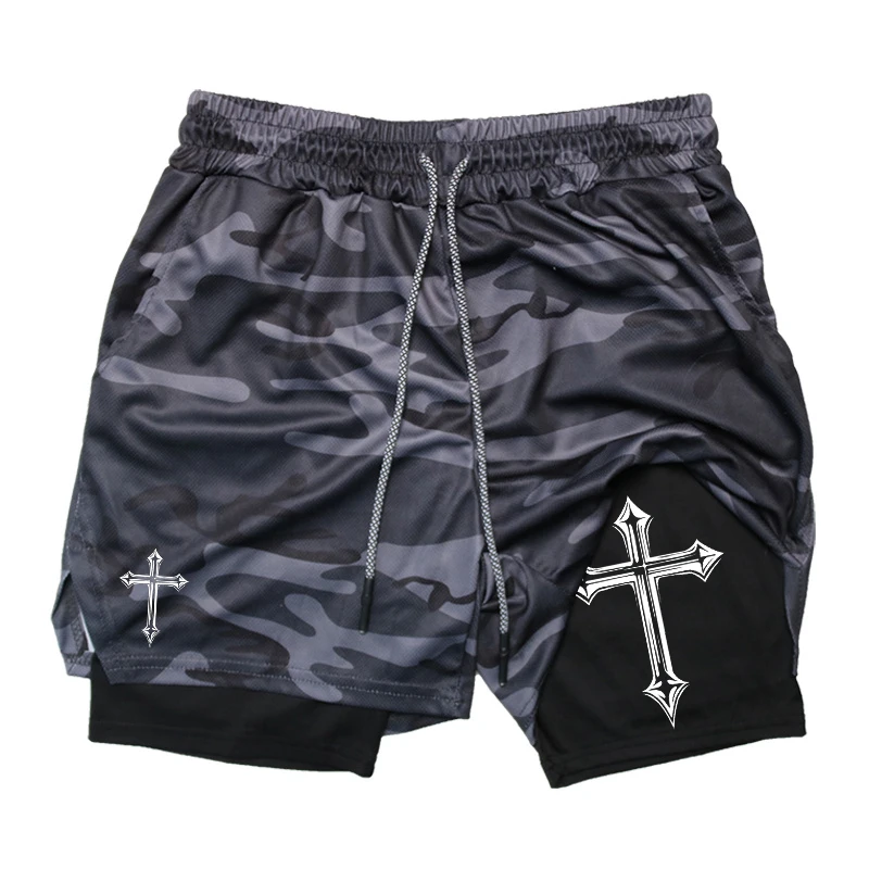 Cross Print 2 in 1 Workout Running Shorts for Men Christian Gym ...
