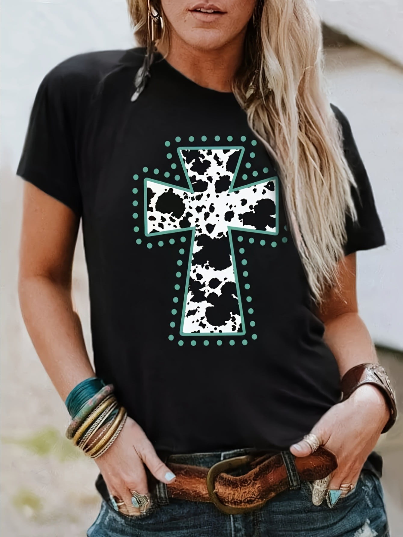 Cross Print Crew Neck T-Shirt, Casual Short Sleeve Top For Spring ...