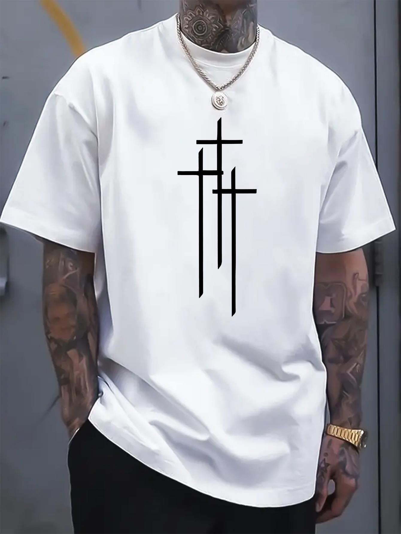 Cross Print Men's, Casual Style, Short Sleeve, Summer T-Shirt, Round ...
