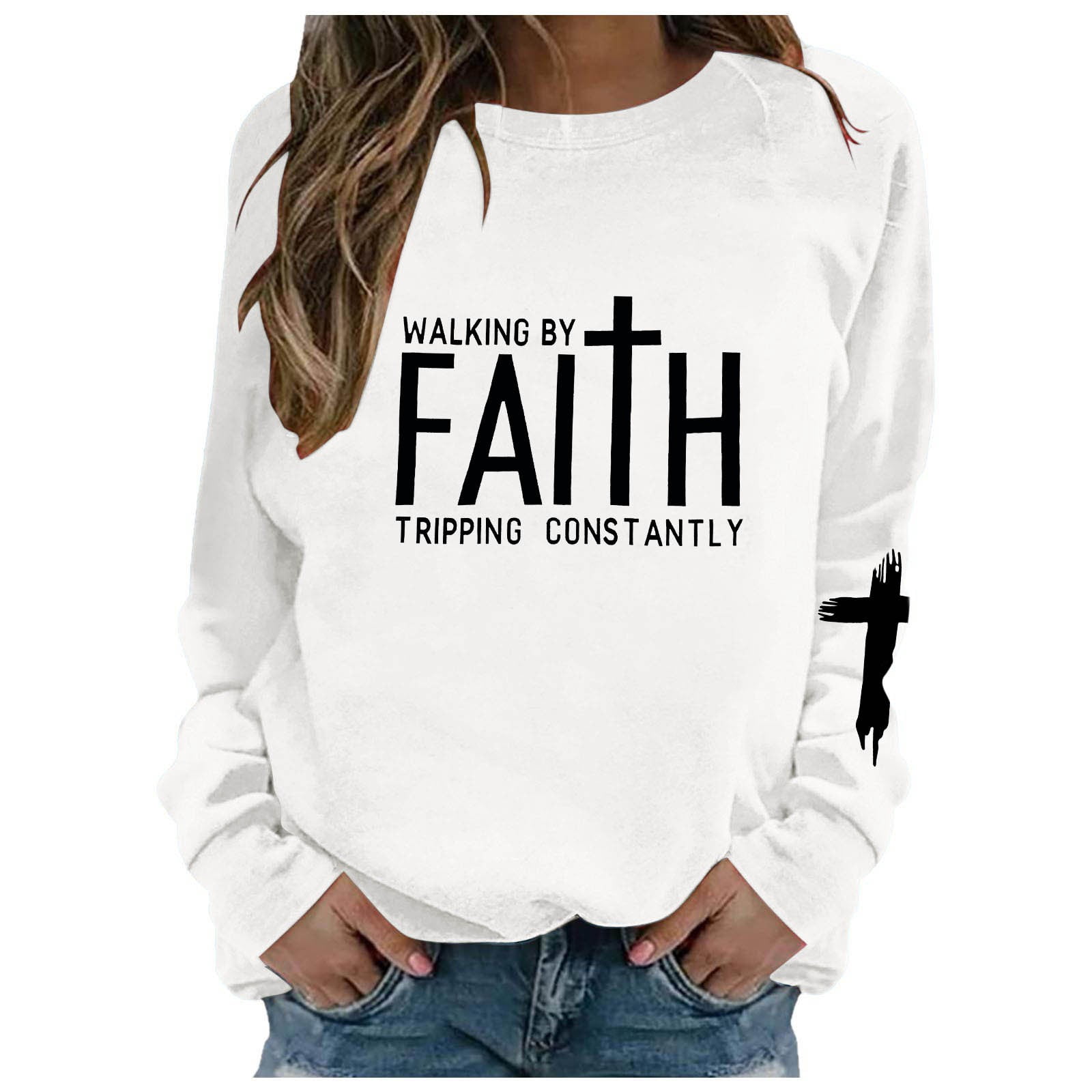 Cross Print Sweatshirts for Women Letter Crewneck Pullover Long Sleeve ...