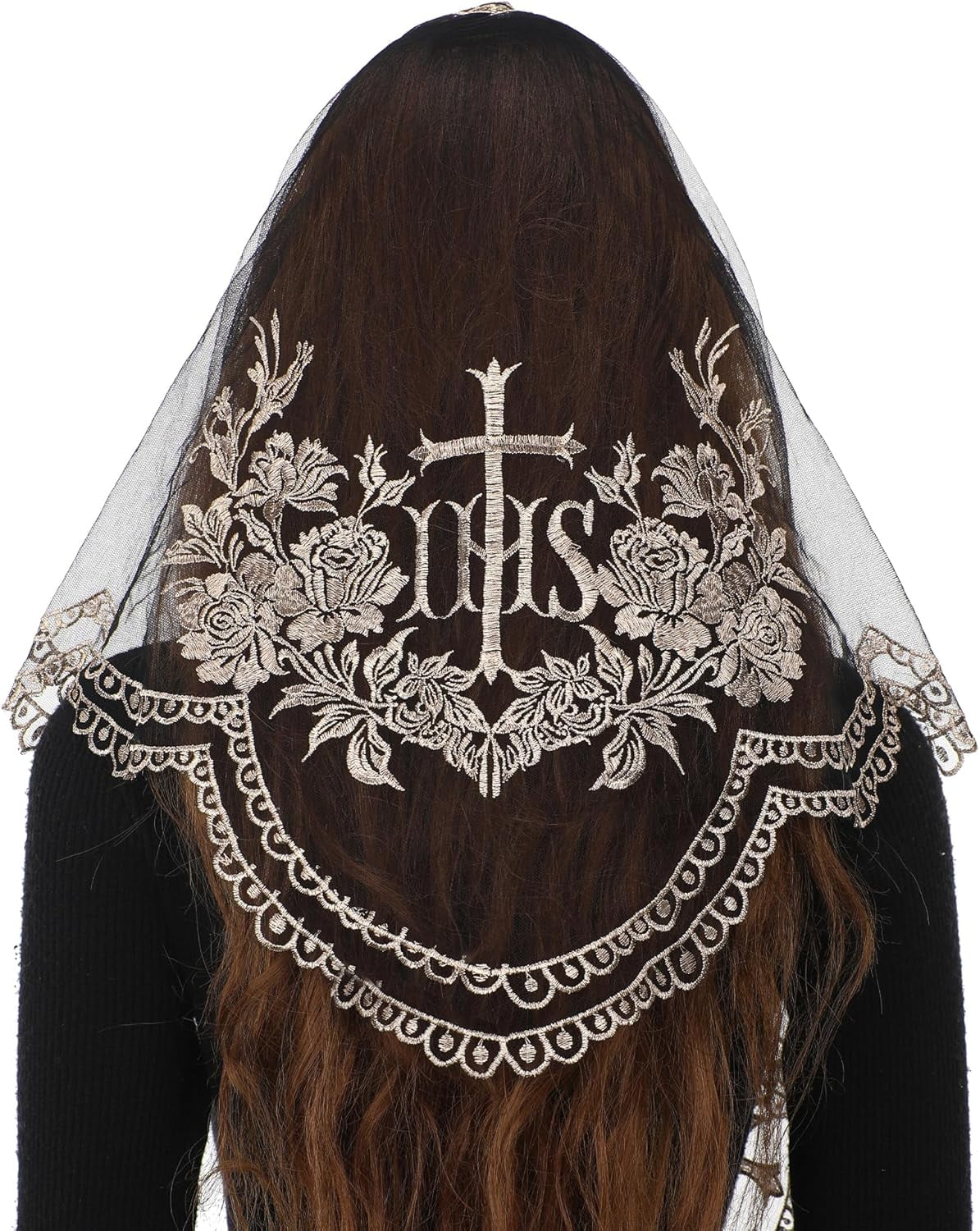 Cross Religious Lace Veil- Catholic Embroidered Cross and Shell ...