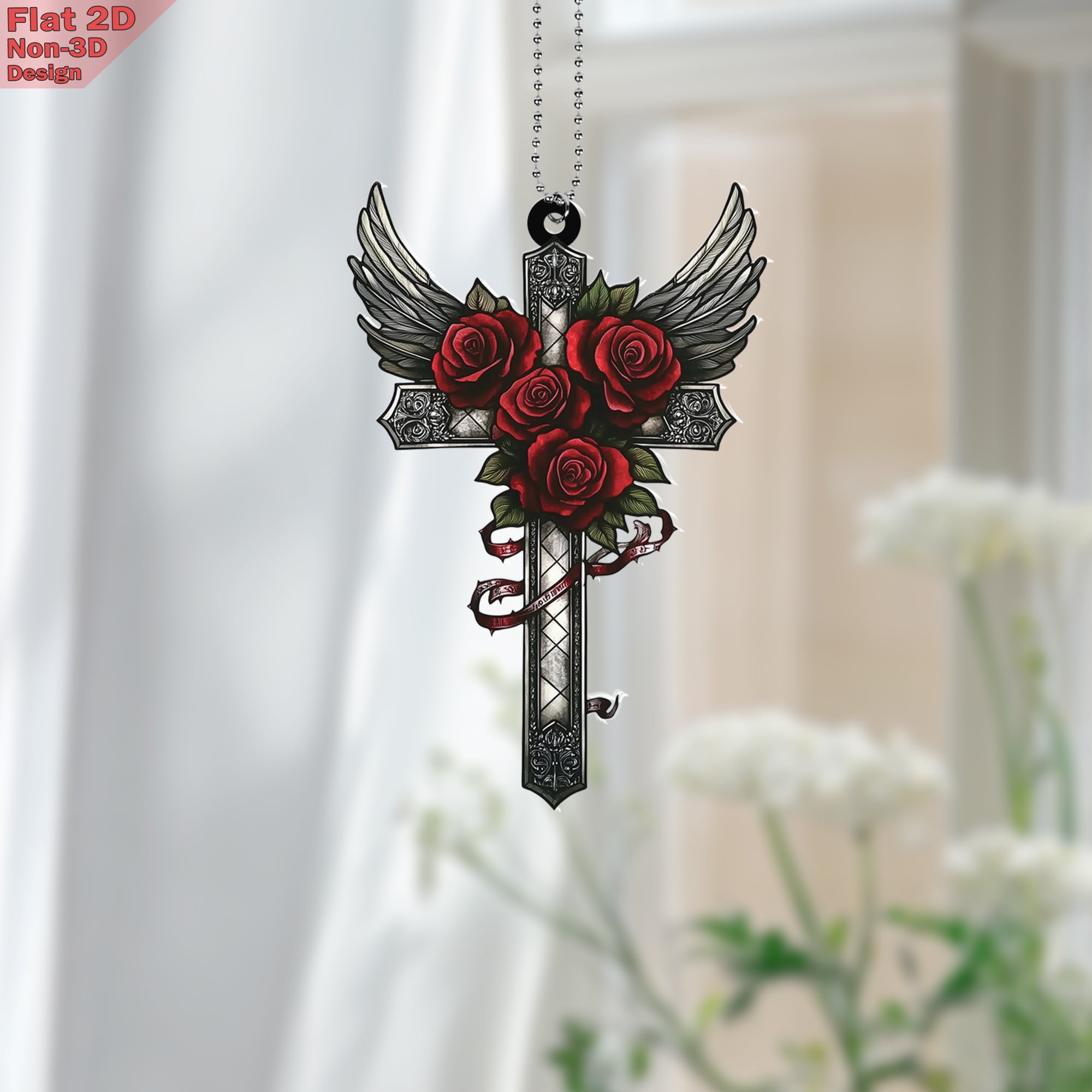 Cross with Roses Acrylic Car Hanging Ornament – Gothic Angel Wings 2D ...