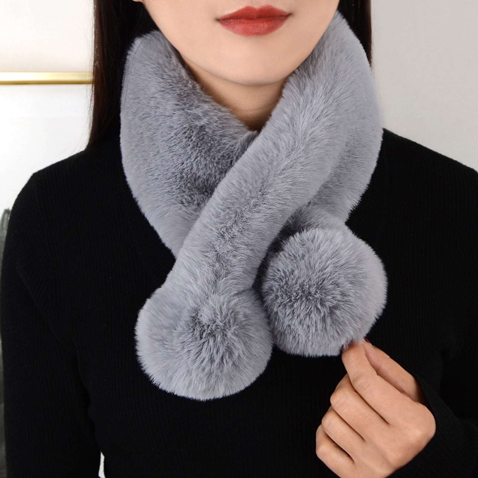 Cross Scarf Faux Rabbit Fur Fuzzy Thickened Pompoms Soft Cold Resistant ...