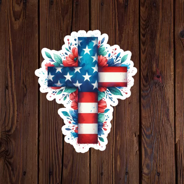 Cross Sticker American Flag Flower Religious Bible God Jesus Sticker ...