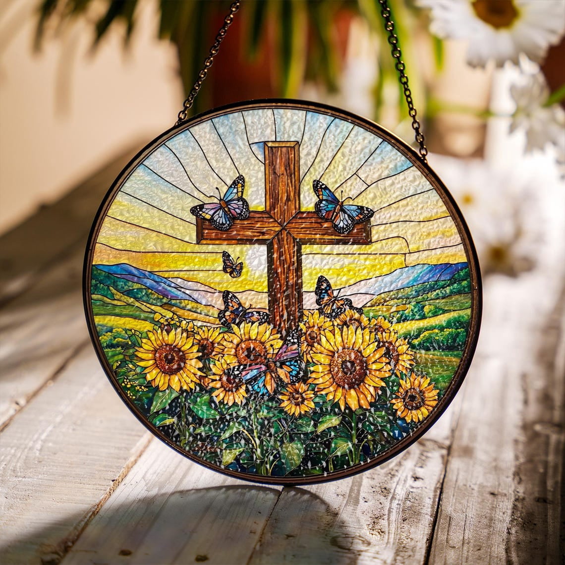Cross Sunflower Glass Suncatcher, Christian Window Hanging, Religious ...