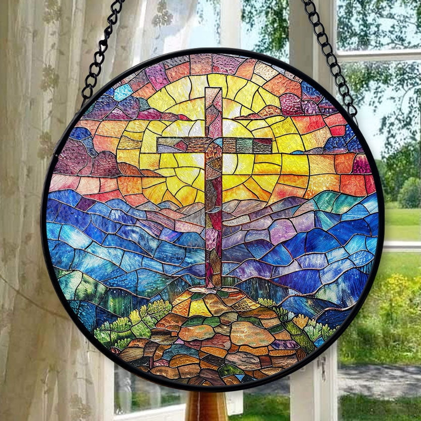 Cross Sunset Stained Glass Style Suncatcher, Christian Glass Window ...