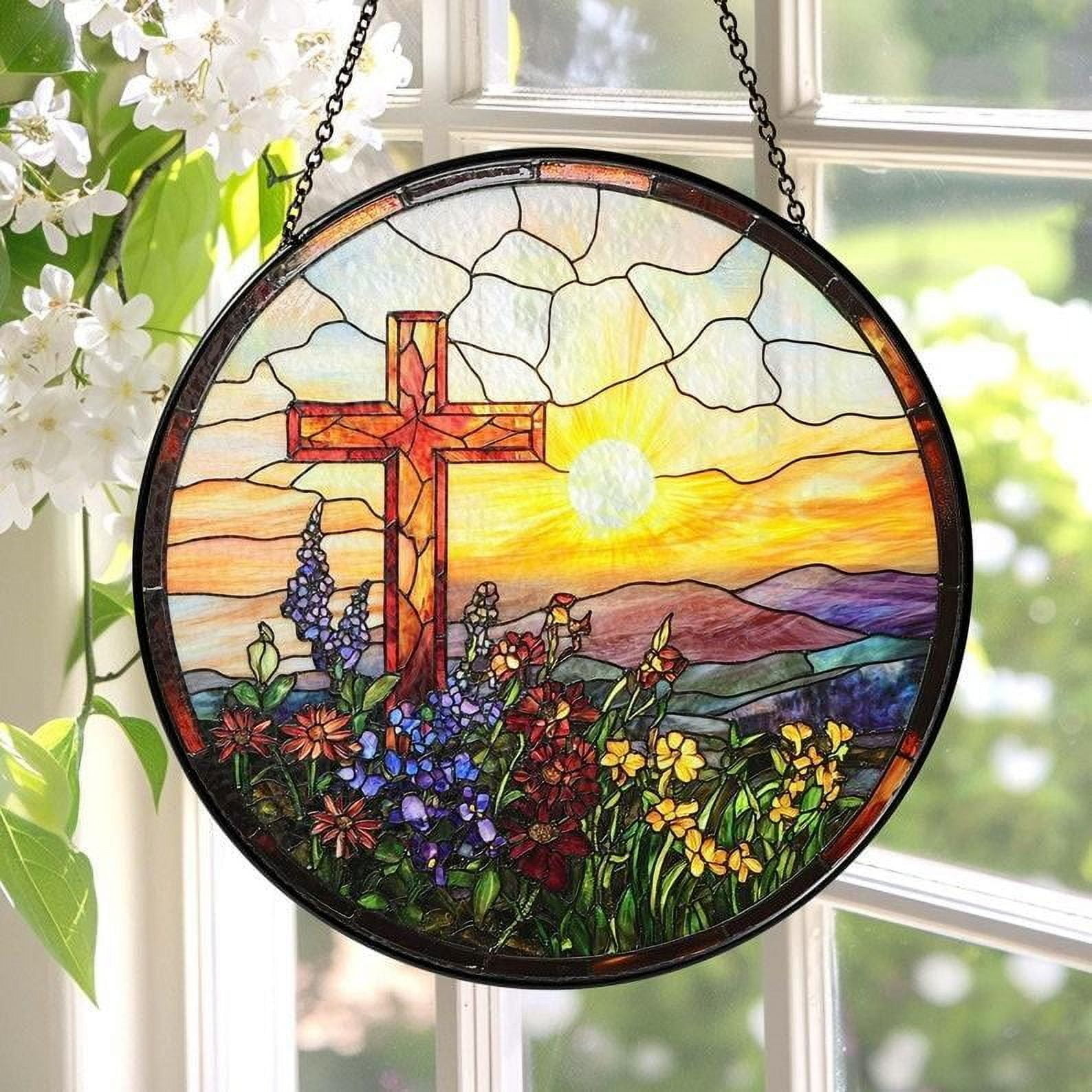 Cross Sunset Window Glass, Suncatcher Window Hanging, Indoor Decor ...