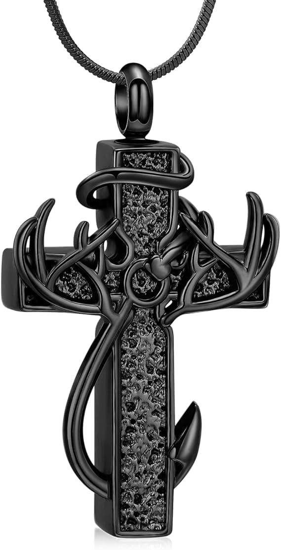Cross Urn Necklace for Ashes Fish Hook Cremation Jewelry Deer Antler ...