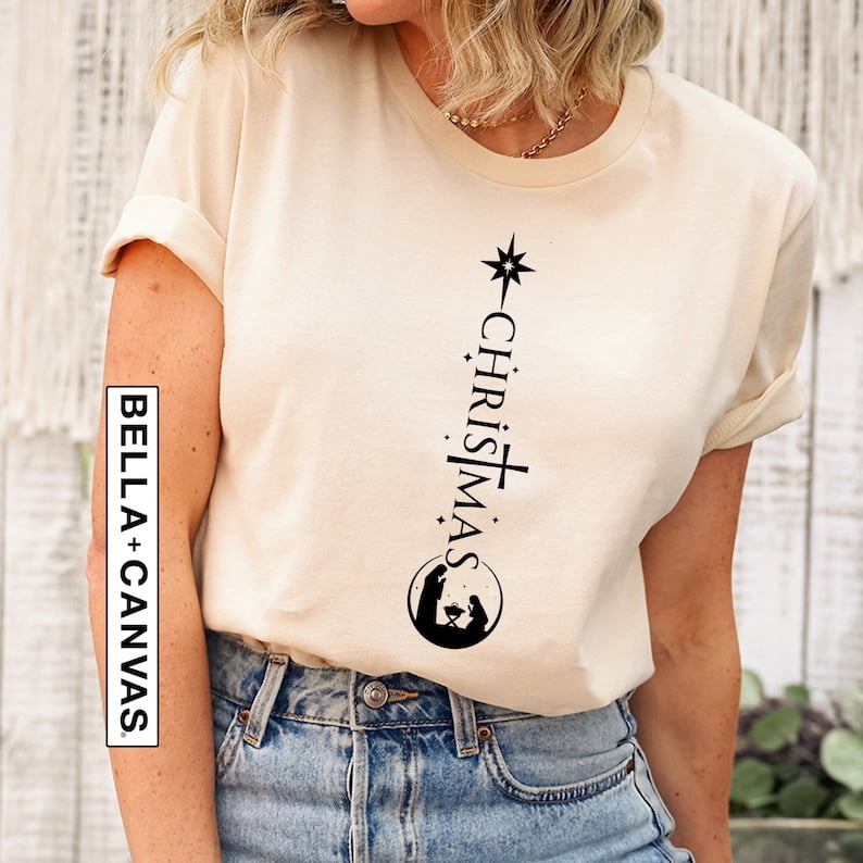 Cross Winter Holiday Shirt, Nativity Scene Tee, Joy to the World T ...
