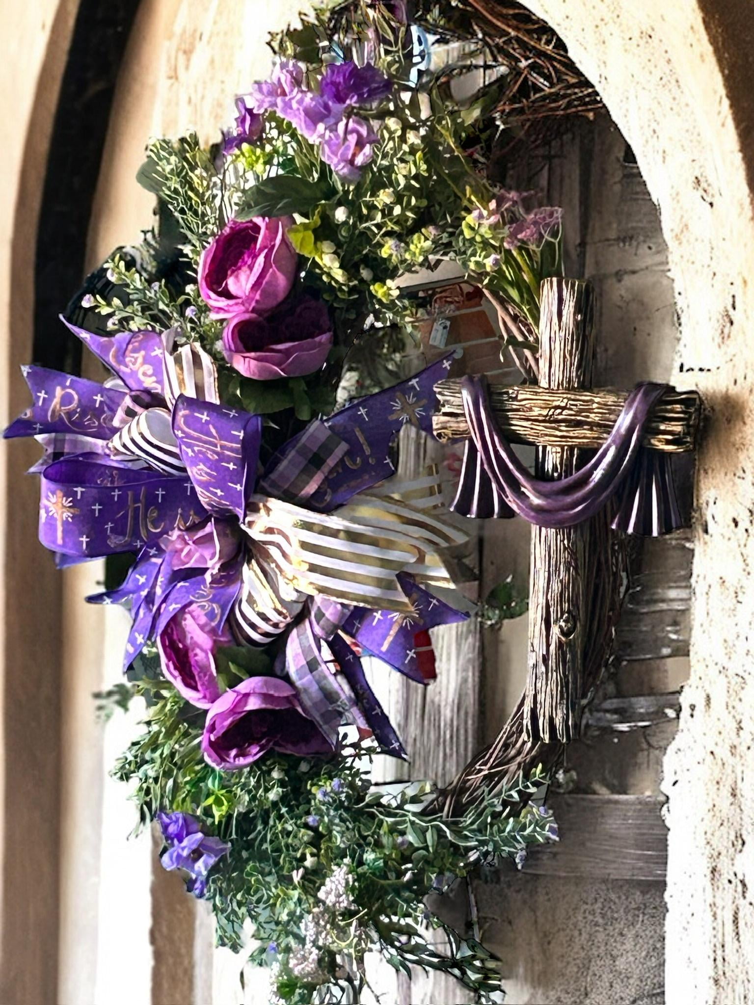 Cross Wreath, Purple Floral Wreath, Easter Wreath, Religious Decor ...