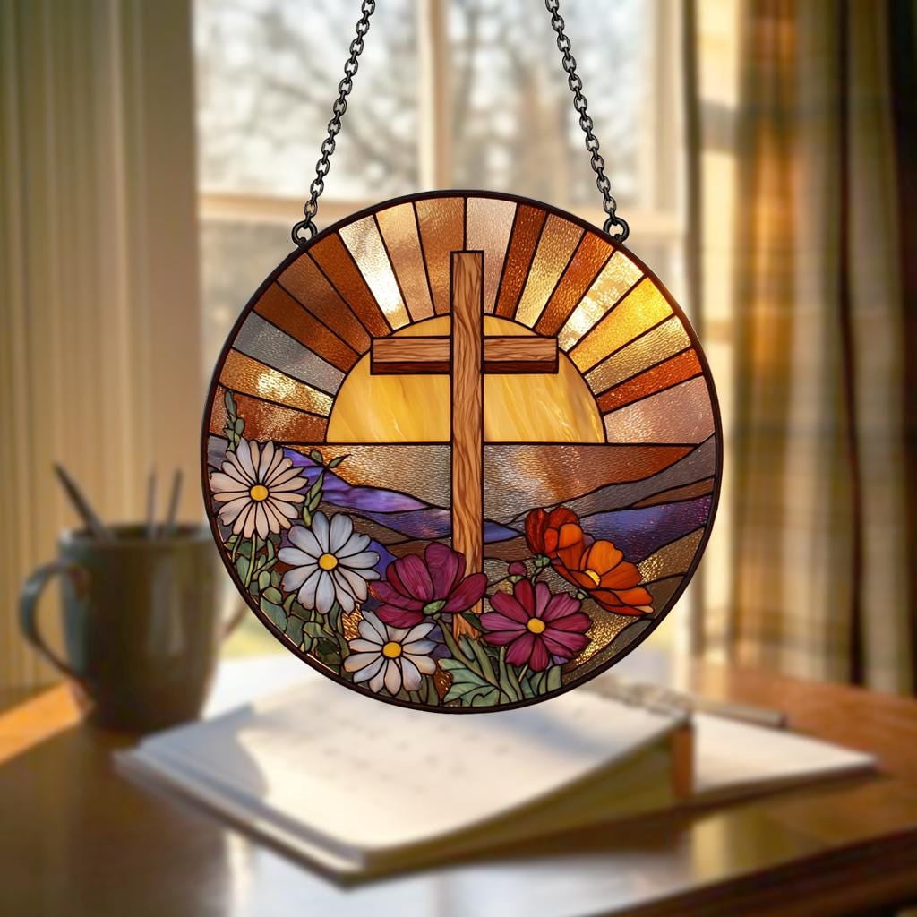 Cross and Wild Flower Glass Suncatcher, Cross Sunset Window Glass ...