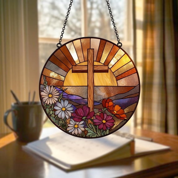 Cross and Wild Flower Glass Suncatcher, Cross Sunset Window Glass ...